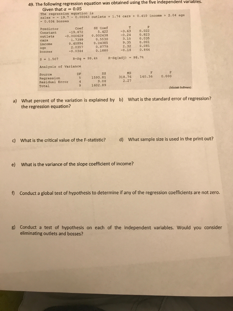 Solved The following regression equation was obtained using | Chegg.com