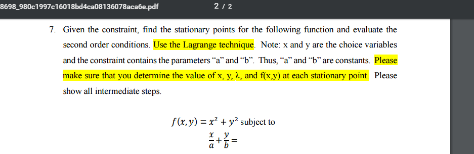 Solved Given the constraint, find the stationary points for | Chegg.com