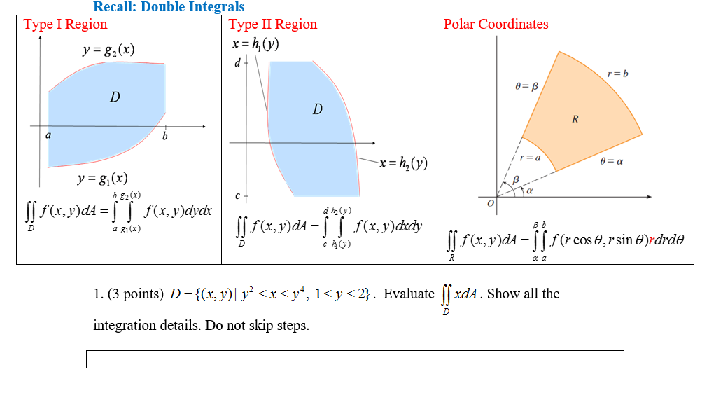 Solved Recall: Double Integrals Type I Region Type II Region | Chegg.com