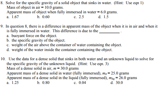 Solved 8. Solve for the specific gravity of a solid object | Chegg.com