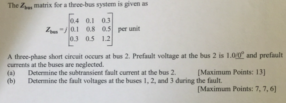 Solved The Z_bus matrix for a three-bus system is given as | Chegg.com