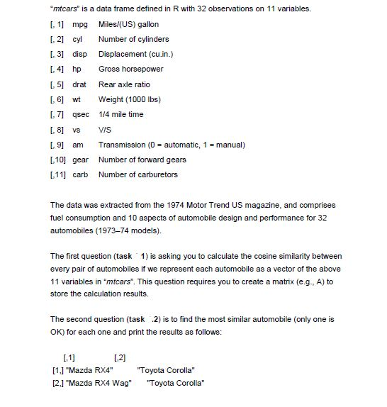 Solved mtcars is a data frame defined in R with 32 | Chegg.com