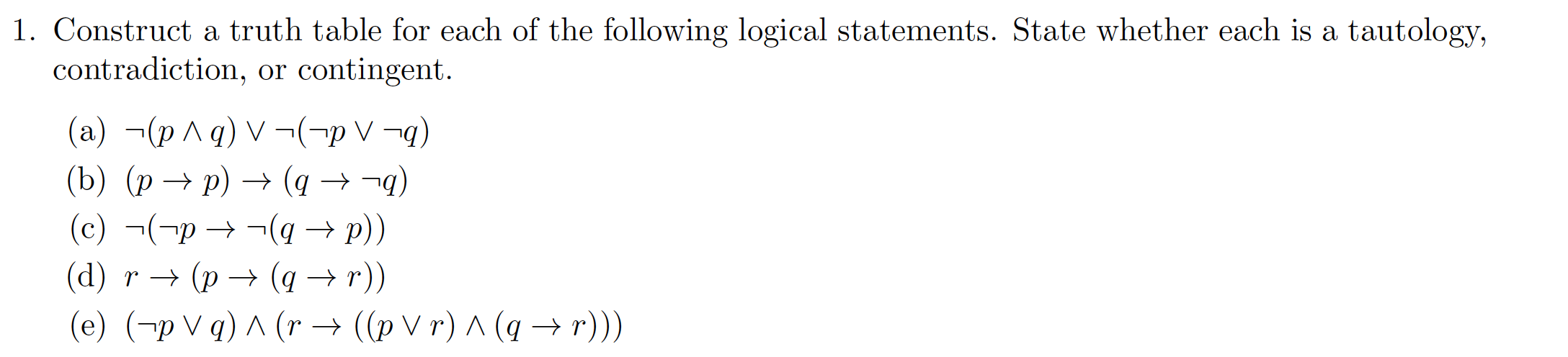 Solved Construct A Truth Table For Each Of The Following