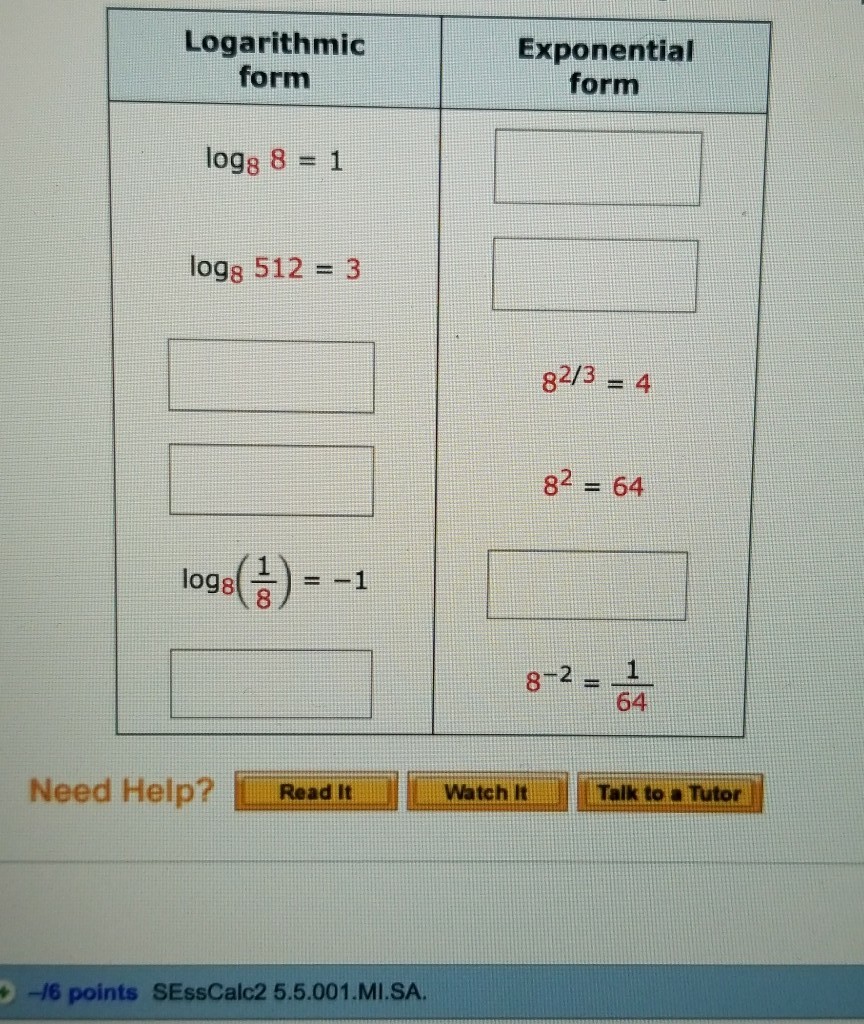 Solved Logarithmic form Exponential form log8 8 = 1 109s 512 | Chegg.com