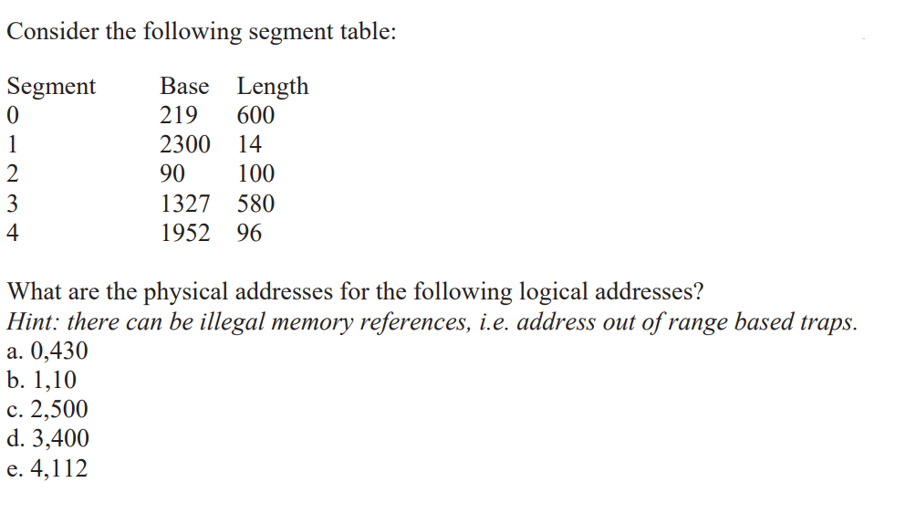 Solved Consider the following segment table: Base Length 219 | Chegg.com Solved Consider the following segment table: Base Length 219 | Chegg.com