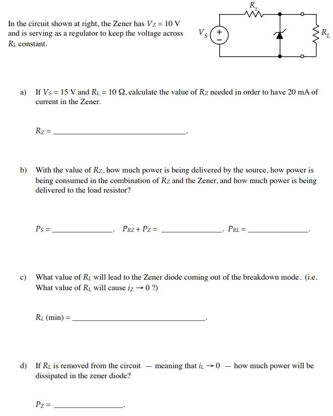 Solved In the circuit shown at right, the Zener has Vz 10 V | Chegg.com