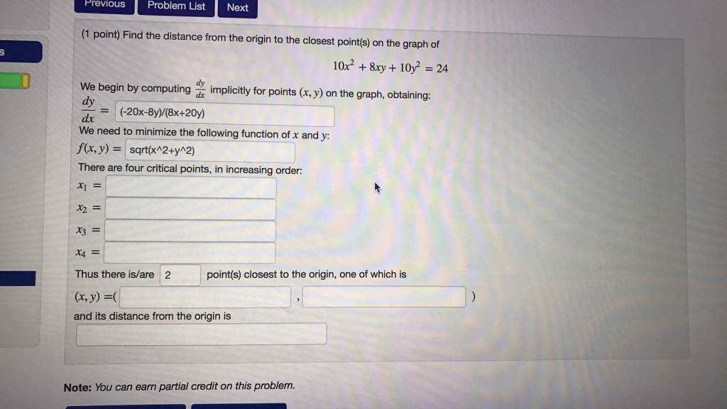 Solved PreviousProblem List Next (1 point) Find the distance | Chegg.com Solved PreviousProblem List Next (1 point) Find the distance | Chegg.com