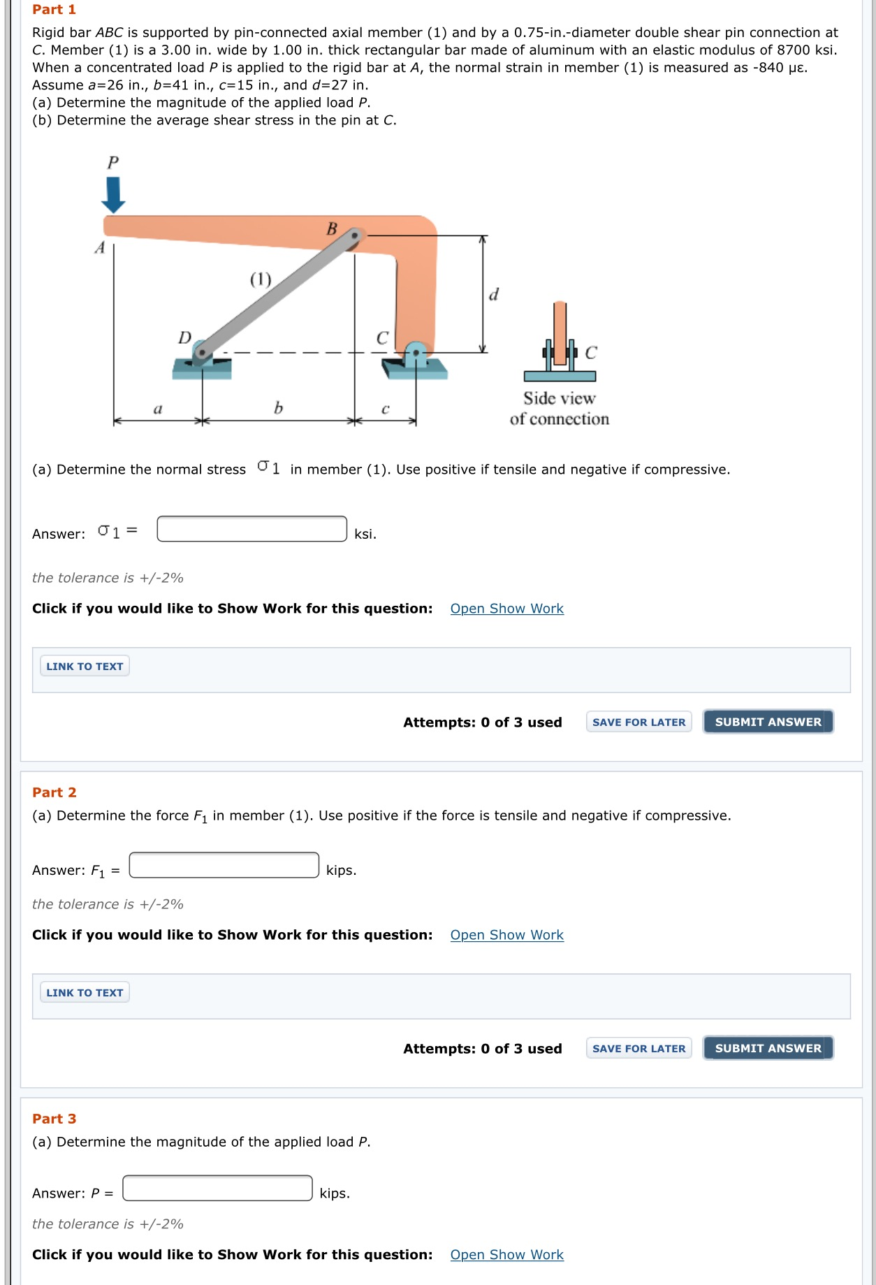 Solved Rigid bar ABC is supported by pin-connected axial | Chegg.com
