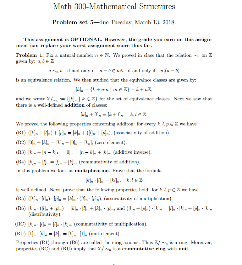 Solved Math 300-Mathematical Structures Problem set 5-due | Chegg.com