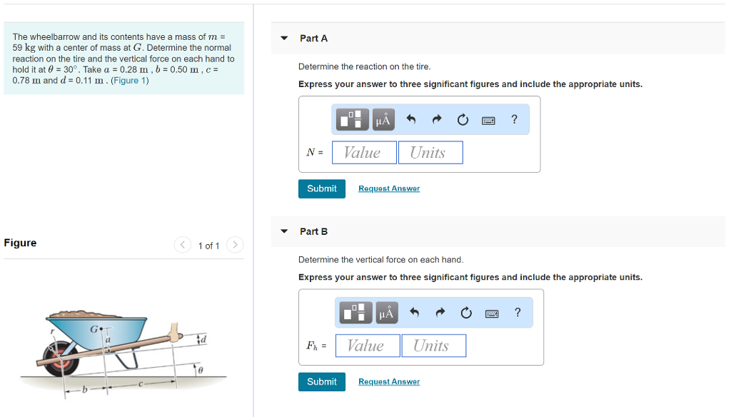 Solved The wheelbarrow and its contents have a mass of m 59 | Chegg.com