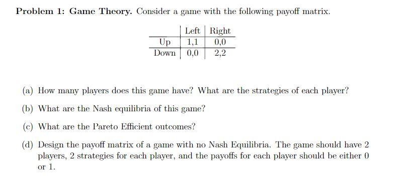 Solved Consider a game with the following payoff matrix. | Chegg.com