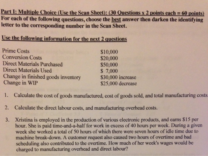 Solved Part I: Multiple Choice (Use the Scan Sheet): (30 | Chegg.com