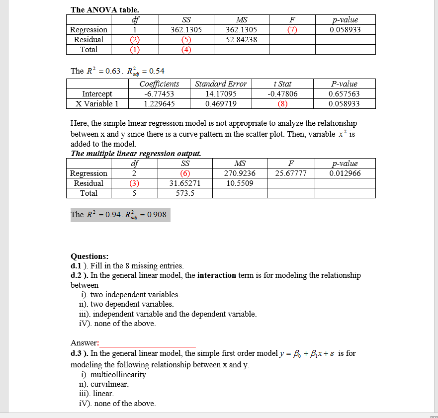 Solved The ANOVA table. The R^2 = 0.63, R^2_adj = 0.54 | Chegg.com