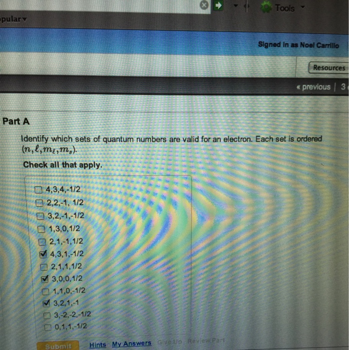 Solved Part A identify which sets of quantum numbers are | Chegg.com Solved Part A identify which sets of quantum numbers are | Chegg.com