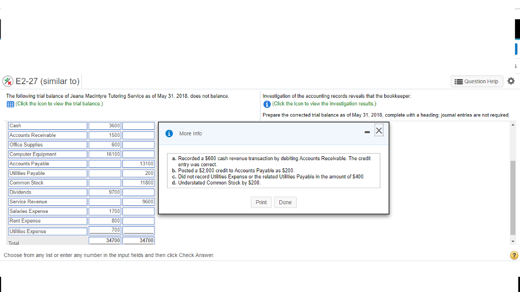 Solved E2-27 (similar to) Question Help The following trial | Chegg.com