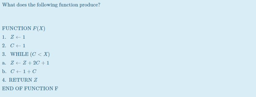 Solved What does the following function produce? FUNCTION | Chegg.com