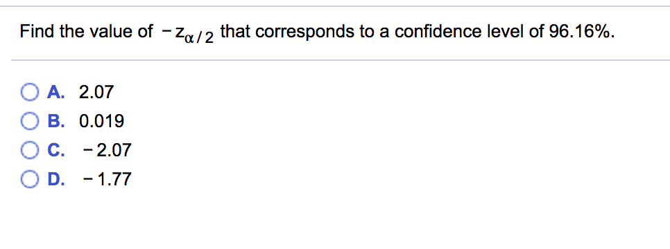 Solved Find the value of -z_alpha/2 that corresponds to a | Chegg.com