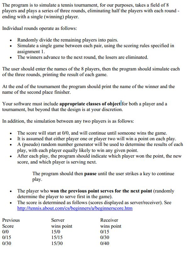 Solved The program is to simulate a tennis tournament, for | Chegg.com