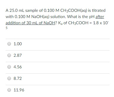 Solved A 25.0 mL sample of 0.100 M CH_3COOH(aq) is titrated | Chegg.com