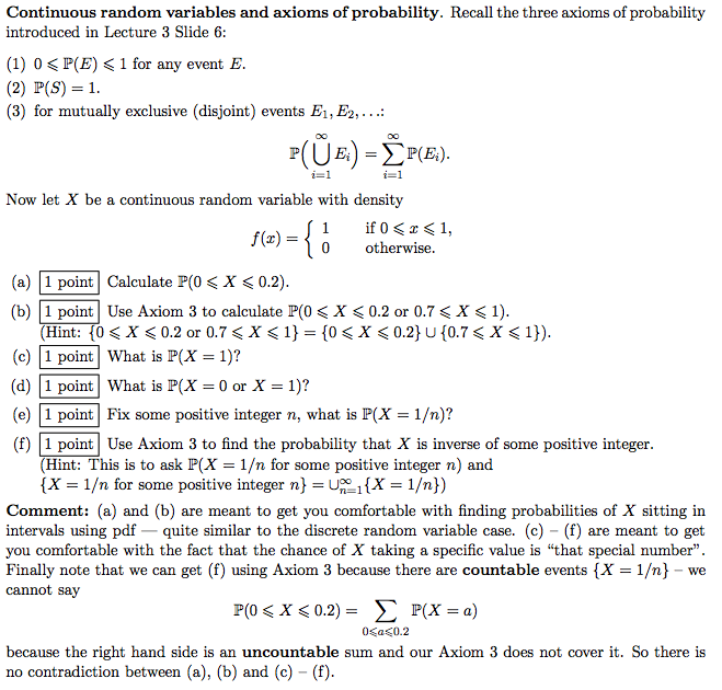 Solved Continuous random variables and axioms of | Chegg.com