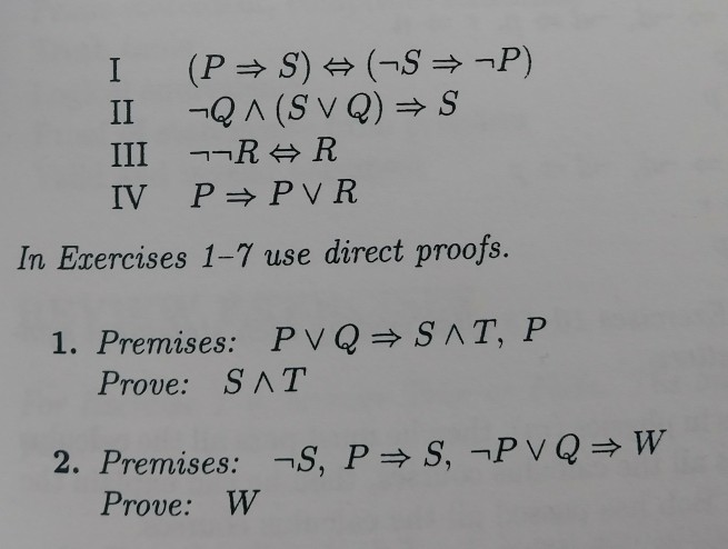 Solved In Exercises 1-7 use direct proofs 1. Premises : PVQ | Chegg.com
