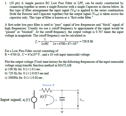 Solved 1. (20 pts) A simple passive RC Low Pass Filter or | Chegg.com