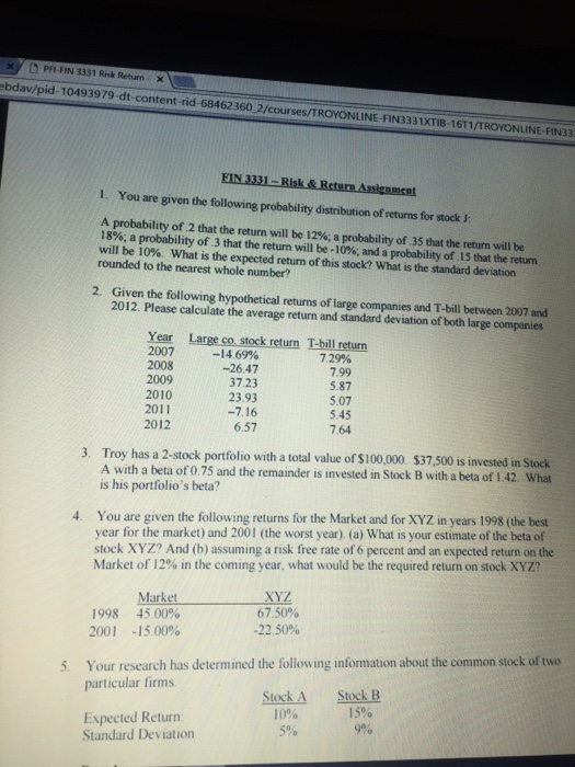 Solved xy pFI、FIN 3331 Risk Return | Chegg.com