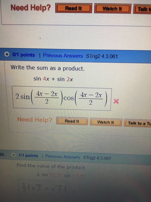 Solved Write the sum as a product, sin 4x + sin 2x 2 sin (4x | Chegg.com