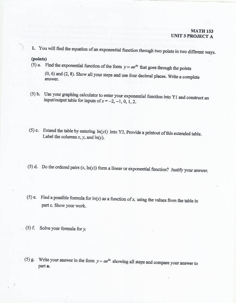 Solved Math 153 Unit 3 Project A 1 You Will Find The
