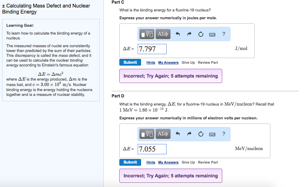 Solved t Calculating Mass Defect and Nuclear Binding Energy | Chegg.com