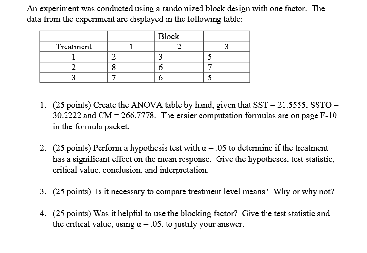 Solved An Experiment Was Conducted Using A Randomized Block