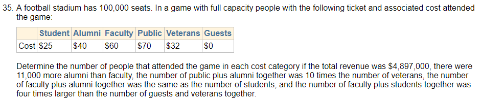 Solved 35. A football stadium has 100,000 seats. In a game | Chegg.com