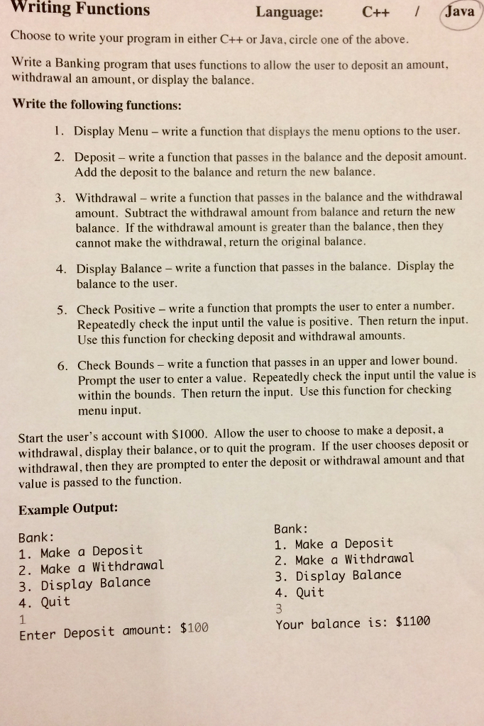 Solved Writing Functions Language: C++ I Java Choose to | Chegg.com