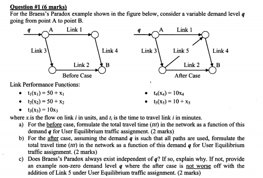 uestion #1 (6 marks For the Braess's Paradox example | Chegg.com
