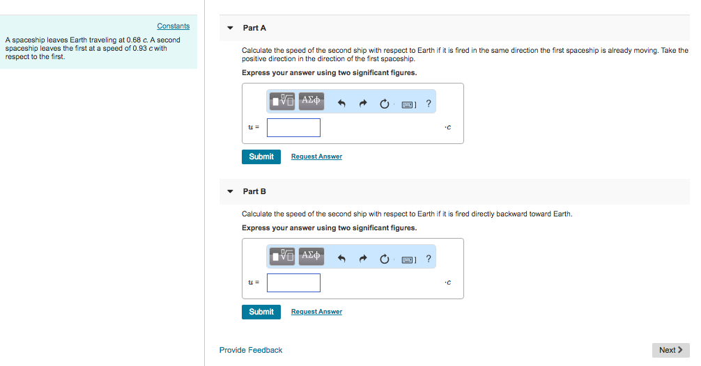 Solved Constants Part A A spaceship leaves Earth traveling | Chegg.com