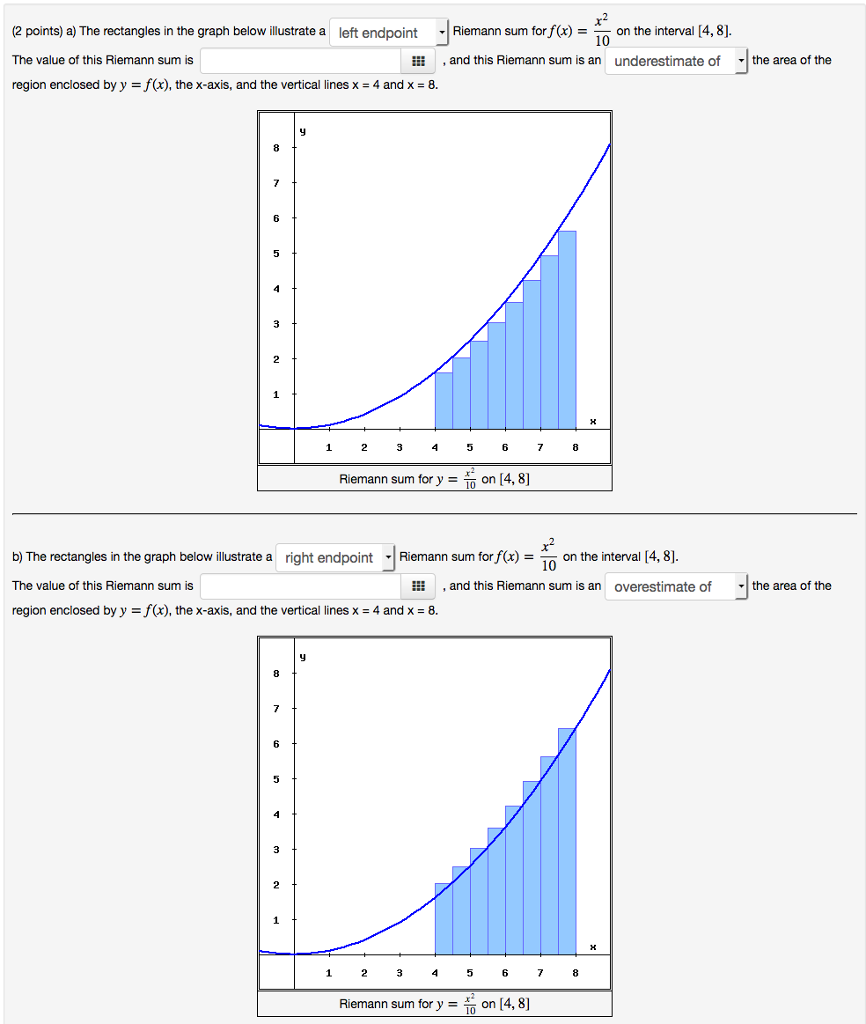 Solved Riemann sum forf(x) =-on the interval [4,8 ]. (2 | Chegg.com