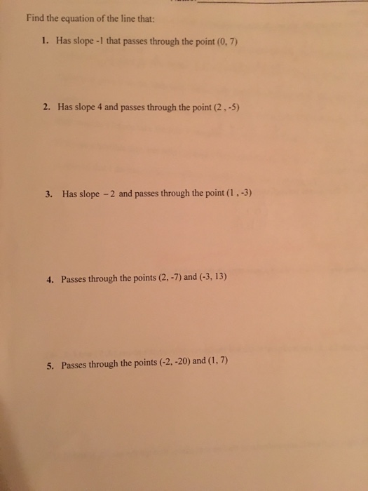 Solved Find the equation of the line that: Has slope -1 | Chegg.com