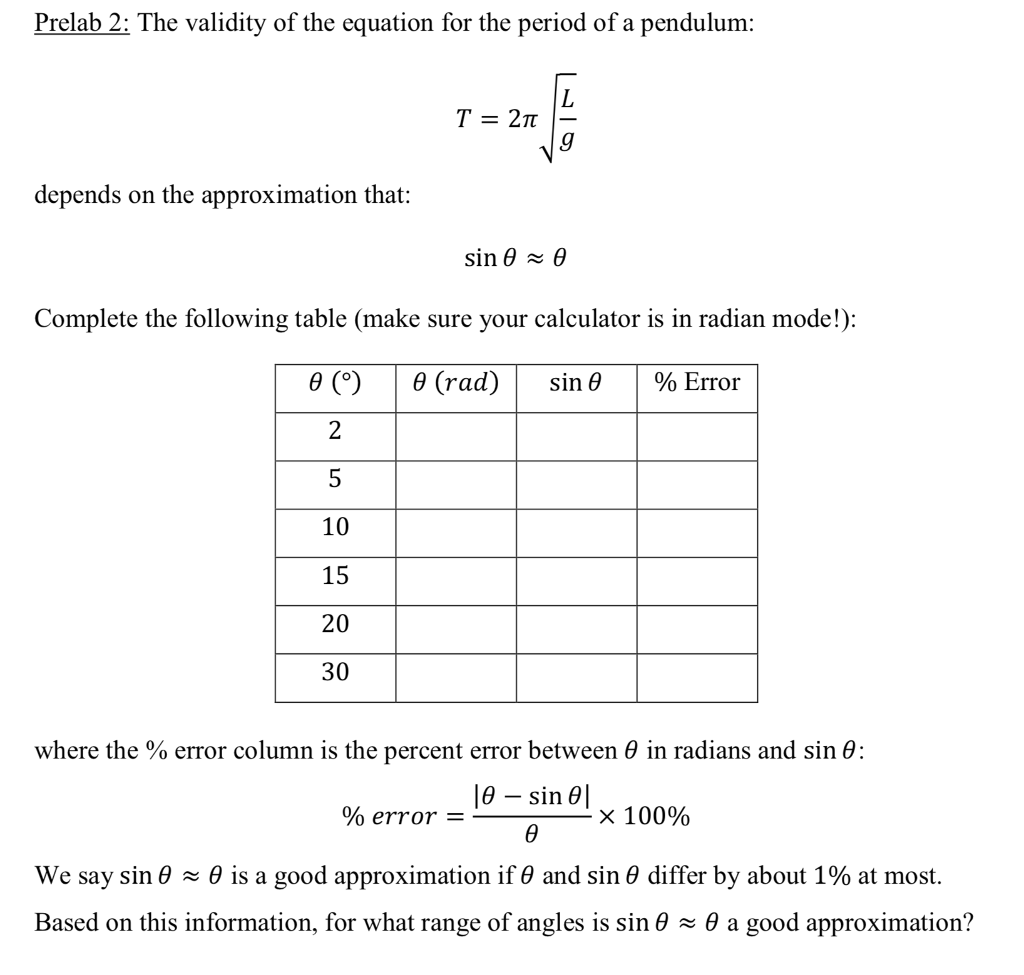 Solved Prelab 2: The validity of the equation for the period | Chegg.com