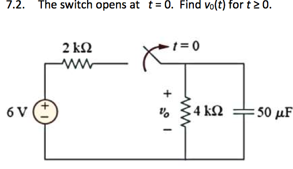 Solved The switch opens at t = 0. Find V0 (t) for t 0. | Chegg.com