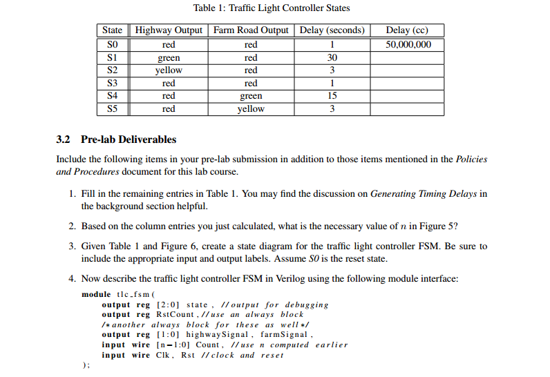 Table 1: Traffic Light Controller States State | Chegg.com