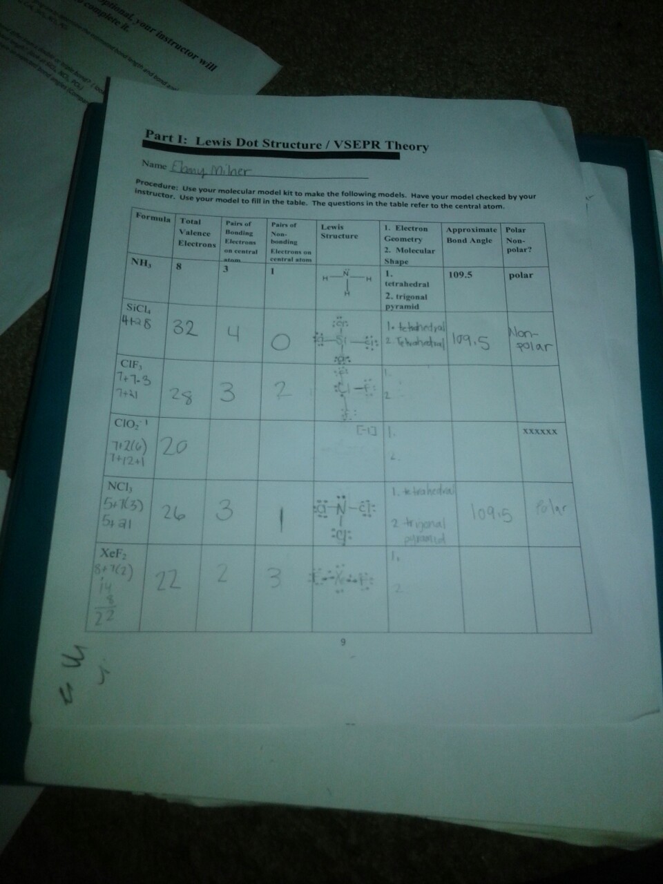 Solved Part I: Lewis Dot Structure / VSEPR Theory ame ure: | Chegg.com