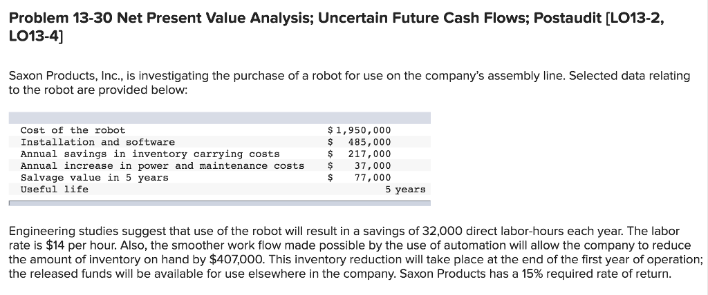 Solved Problem 13-30 Net Present Value Analysis; Uncertain | Chegg.com