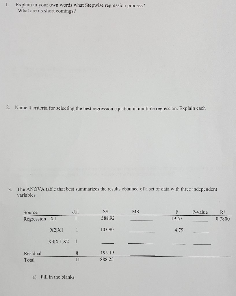 Solved 1. Explain in your own words what Stepwise regression | Chegg.com