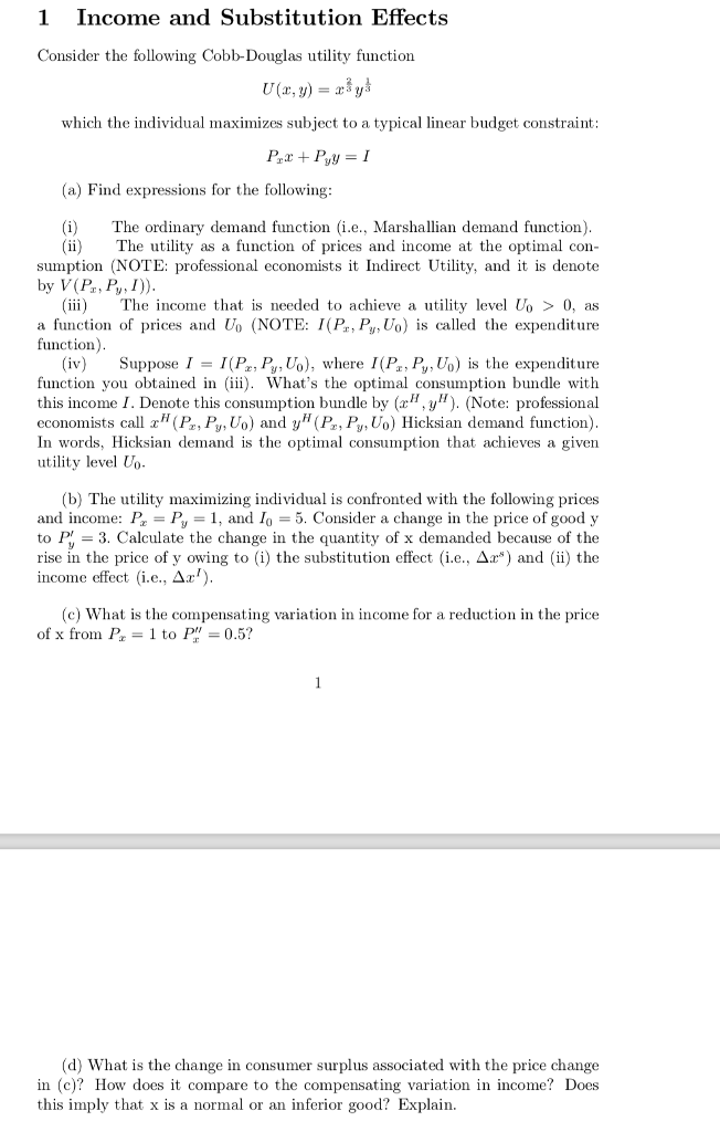 1 Income and Substitution Effects Consider the | Chegg.com