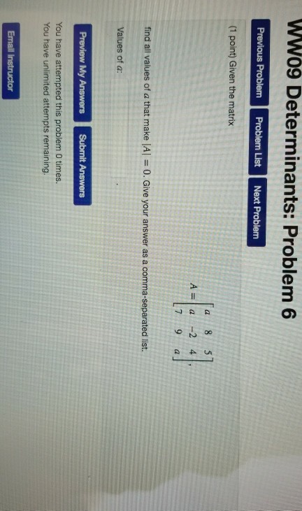 Solved WWo9 Determinants: Problem 6 Previous Problem Problem | Chegg.com