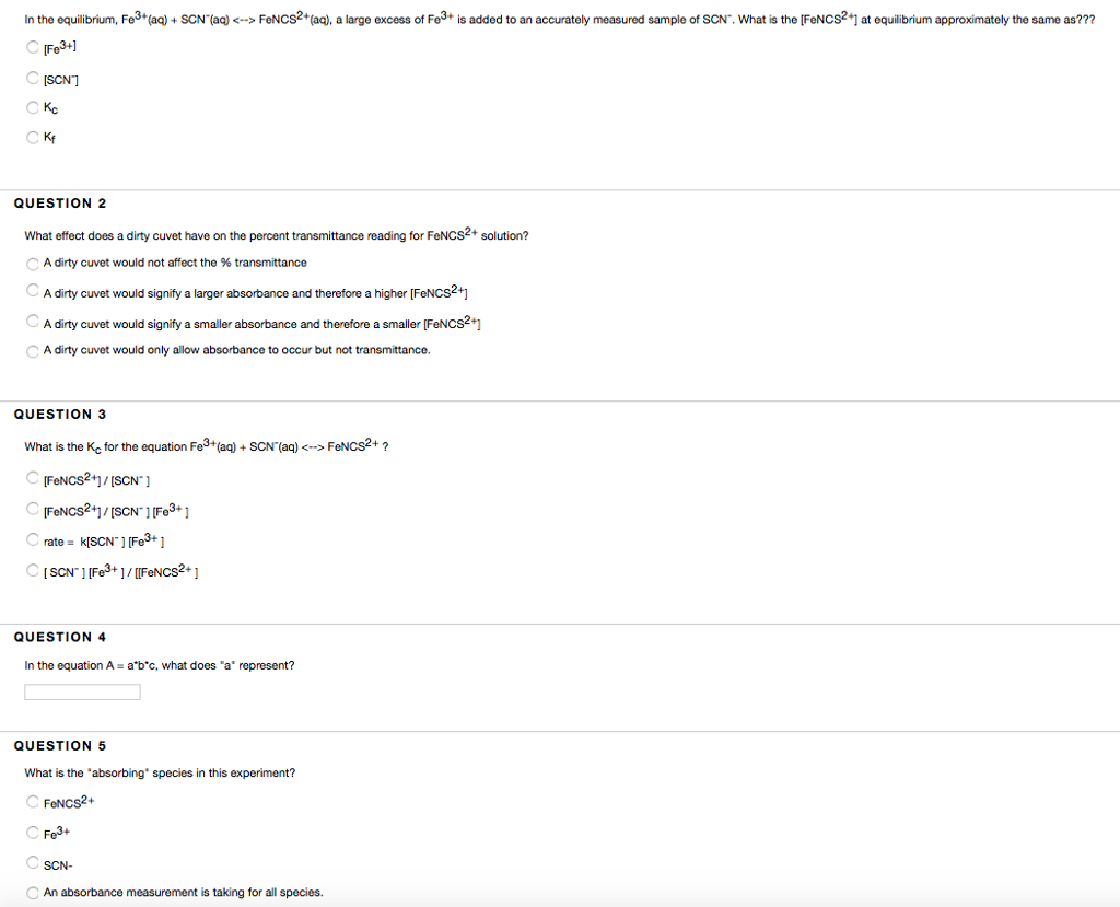 Solved In the equilibrium, Fe3 (a)+SCN(a)FeNcs2 (aą), a | Chegg.com