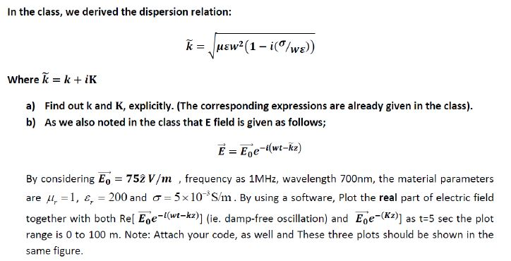 Solved In the class, we derived the dispersion relation: | Chegg.com