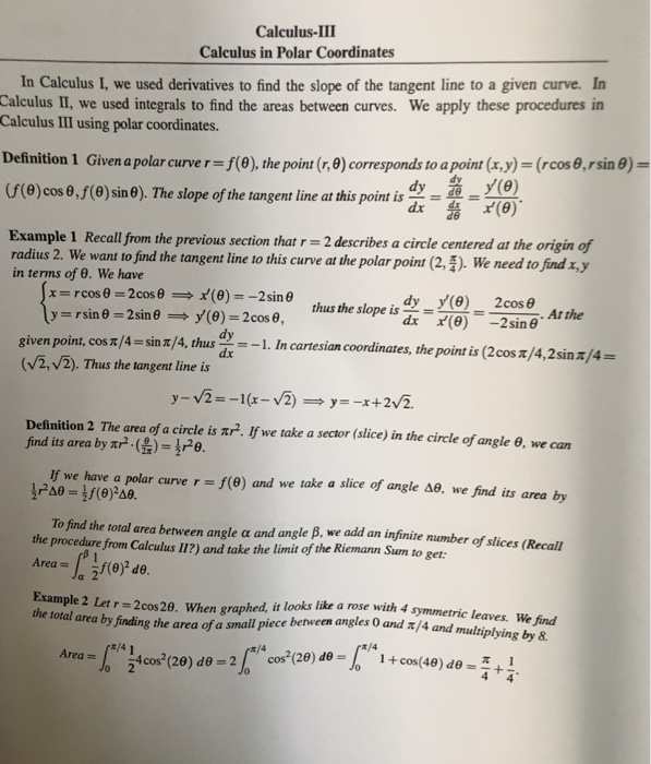 Solved Calculus-III Calculus in Polar Coordinates In | Chegg.com Solved Calculus-III Calculus in Polar Coordinates In | Chegg.com