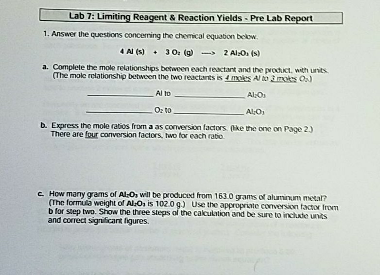 Solved Lab 7: Limiting Reagent & Reaction Yields- Pre Lab | Chegg.com