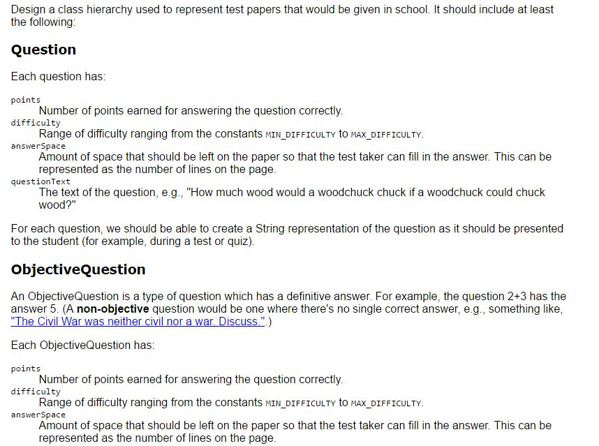 Solved Design a class hierarchy used to represent test | Chegg.com